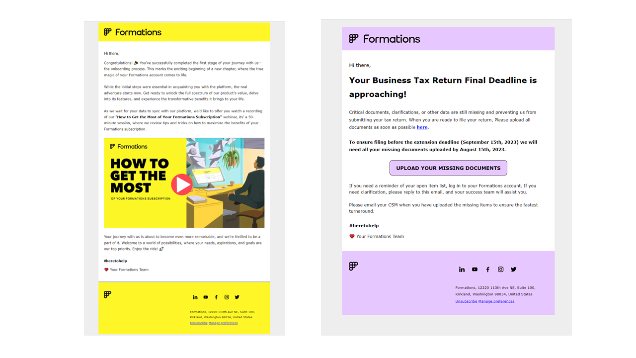 What's the difference between the "purple" and "yellow" emails?